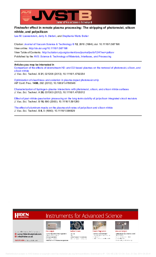 (PDF) First-wafer effect in remote plasma processing: The stripping of ...