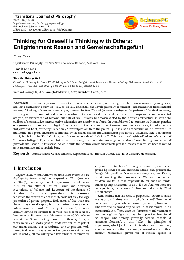 (PDF) Thinking for Oneself Is Thinking with Others: Enlightenment ...
