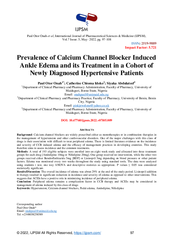 (PDF) Prevalence of Calcium Channel Blocker Induced Ankle Edema and its ...