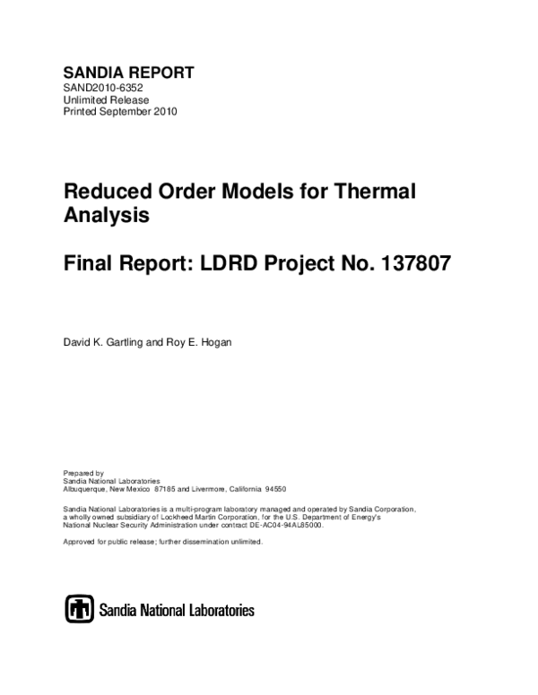 (PDF) Reduced order models for thermal analysis : final report : LDRD Project No. 137807