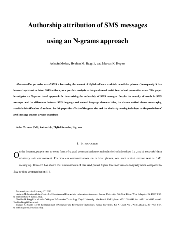 (PDF) Authorship attribution of SMS messages using an N-grams approach