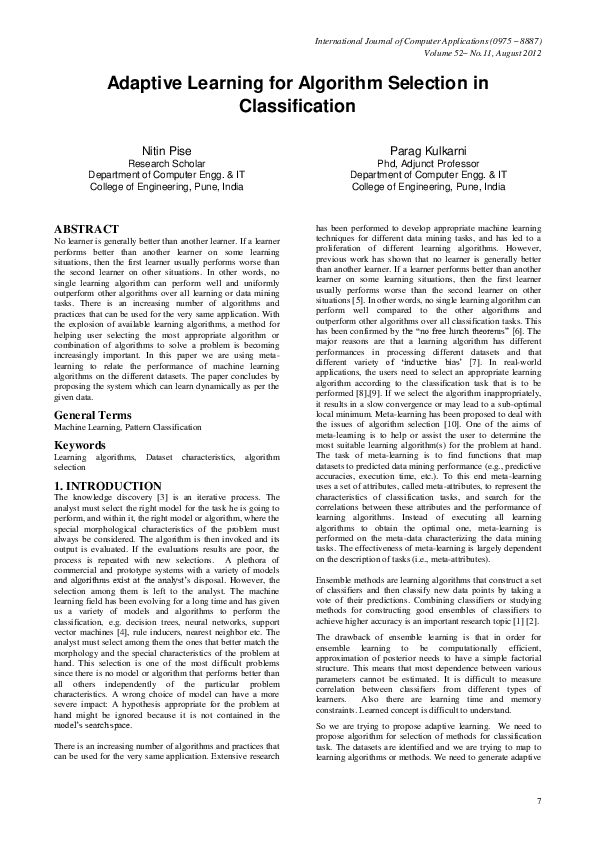 Pdf Adaptive Learning For Algorithm Selection In Classification
