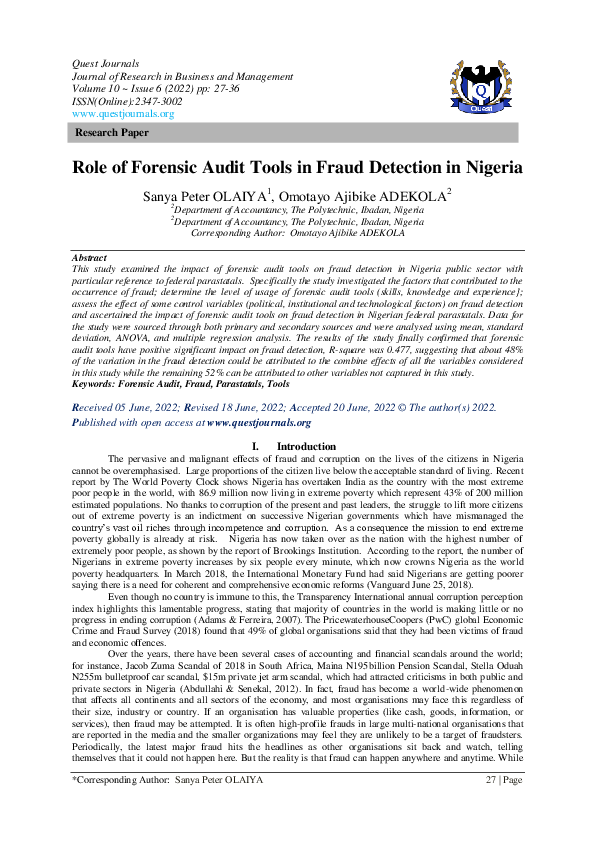 (PDF) Role of Forensic Audit Tools in Fraud Detection in Nigeria