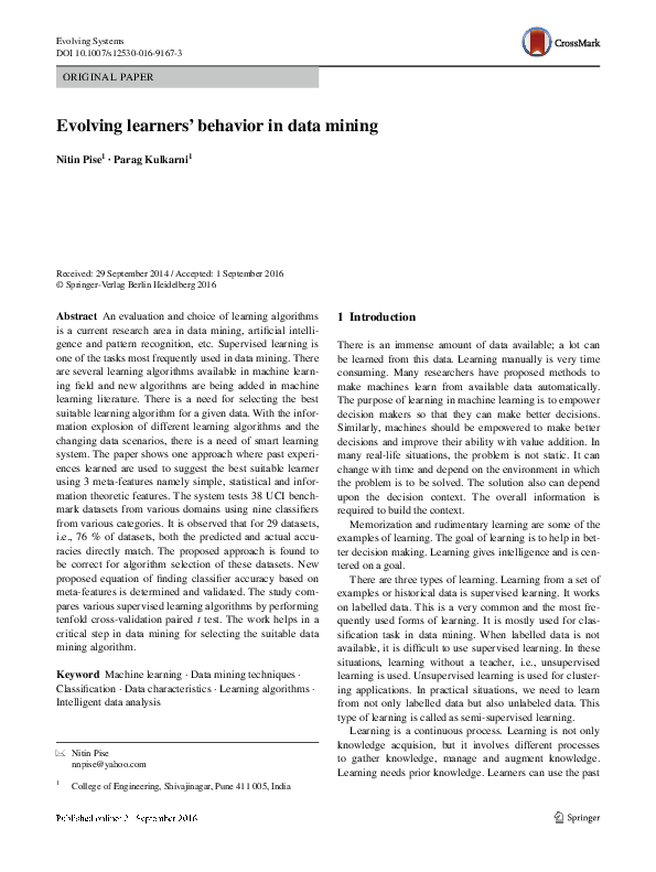 (PDF) Evolving learners’ behavior in data mining