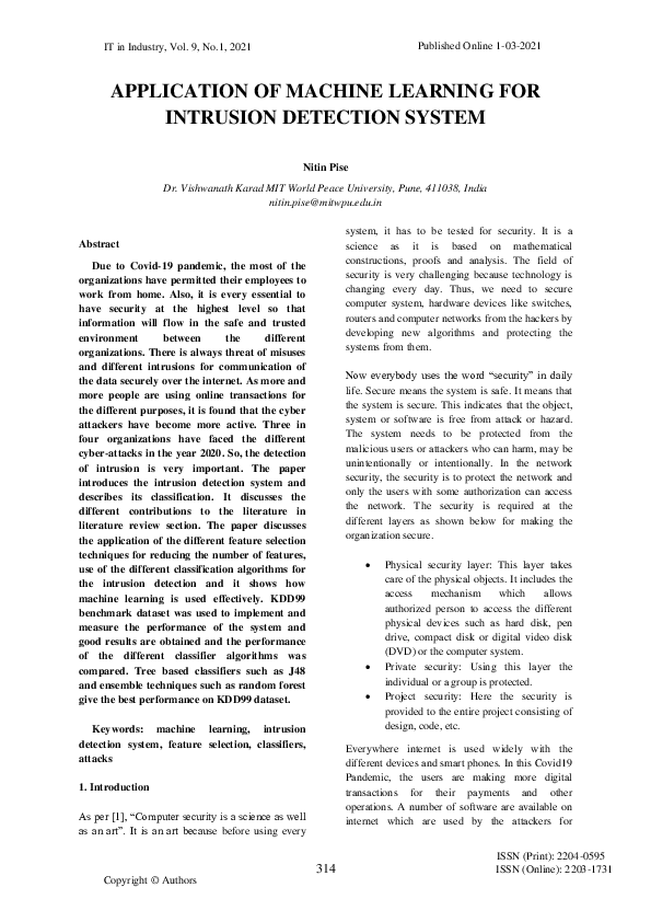 (PDF) Application of Machine Learning for Intrusion Detection System