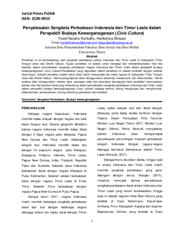 (PDF) Penyelesaian Sengketa Perbatasan Indonesia dan Timor Leste dalam Perspektif Budaya ...