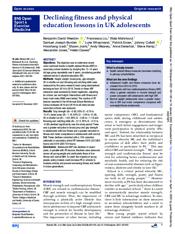 (PDF) Declining fitness and physical education lessons in UK adolescents