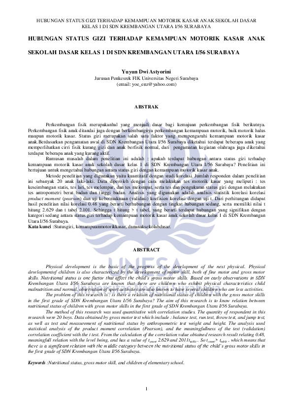 Hubungan Status Gizi Terhadap Kemampuan Motorik Kasar Anak Sekolah ...