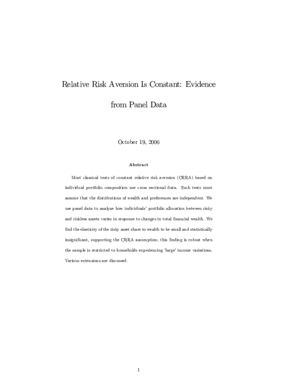 (PDF) Relative Risk Aversion is Constant: Evidence from Panel Data