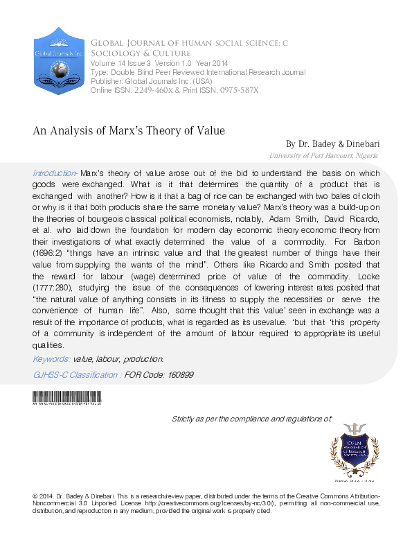 (PDF) An Analysis of Marxs Theory of Value