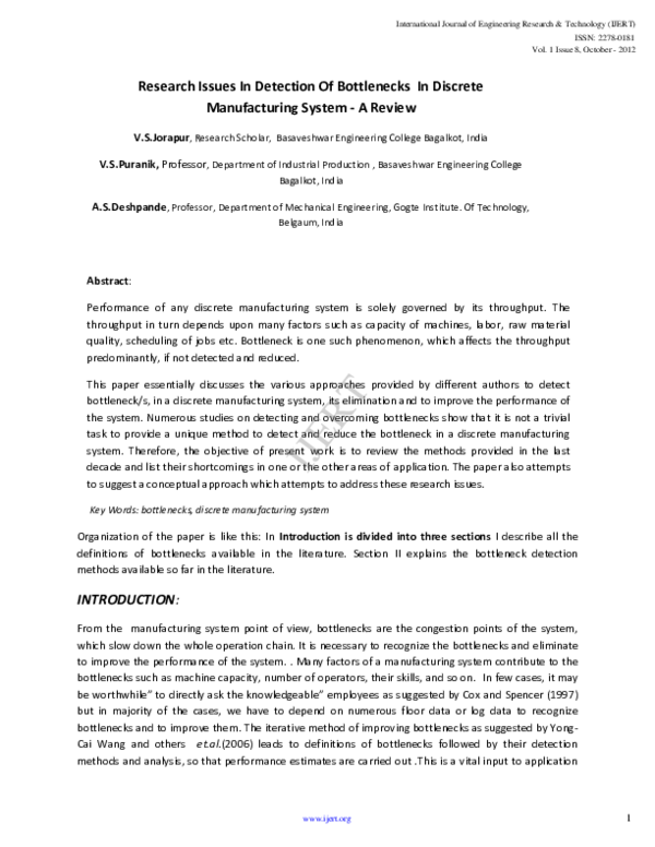 Pdf Research Issues In Detection Of Bottlenecks In Discrete Manufacturing System A Review