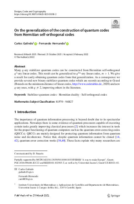 (PDF) On the generalization of the construction of quantum codes from Hermitian self-orthogonal ...