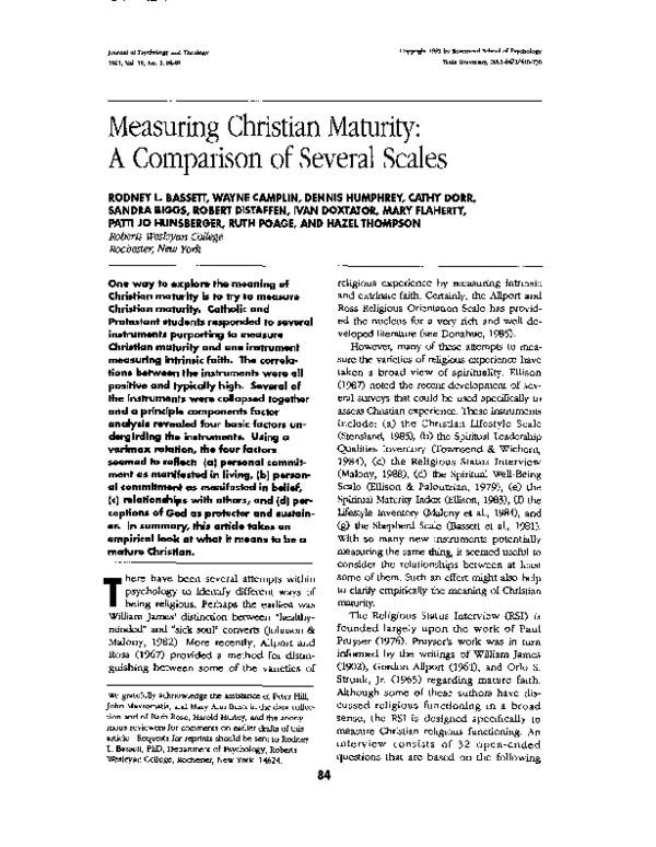 (PDF) Measuring Christian Maturity: A Comparison of Several Scales