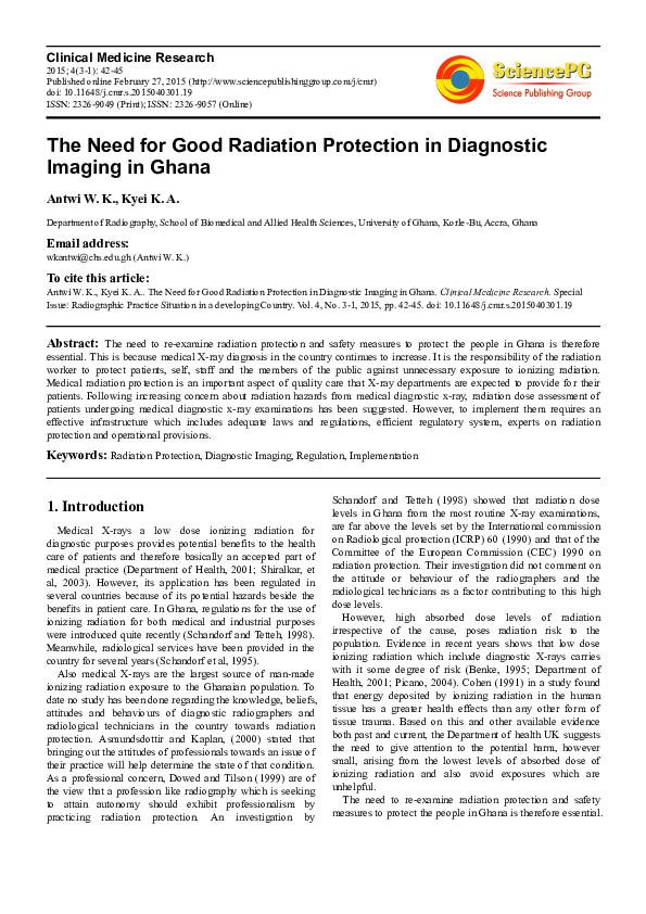 (PDF) The Need for Good Radiation Protection in Diagnostic Imaging in Ghana