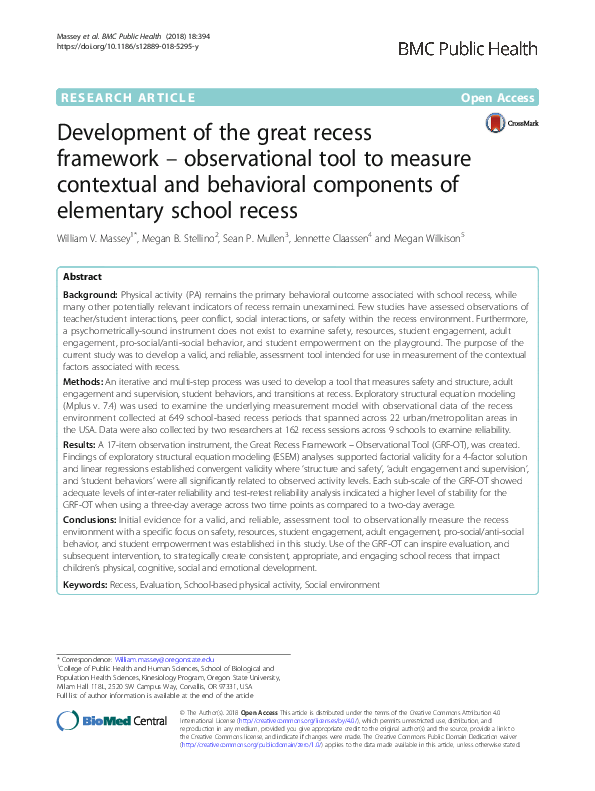 (PDF) Development of the great recess framework - observational tool to ...
