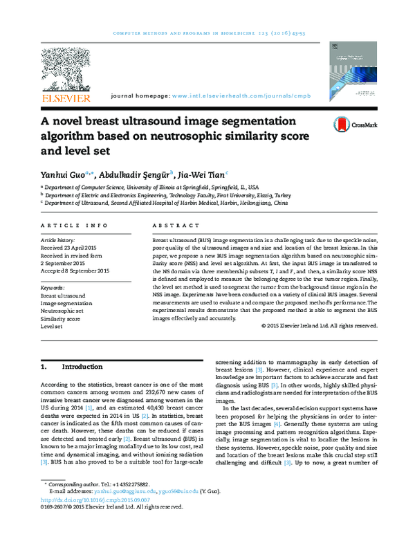 Pdf A Novel Breast Ultrasound Image Segmentation Algorithm Based On Neutrosophic Similarity