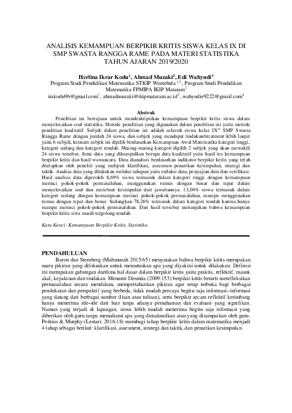 (PDF) Analisis Kemampuan Berpikir Kritis Siswa Kelas IX DI SMP Swasta Rangga Rame Pada Materi ...