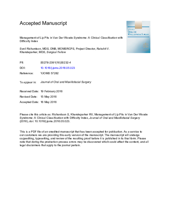 (PDF) Management of Lip Pits in Van der Woude Syndrome: A Clinical ...