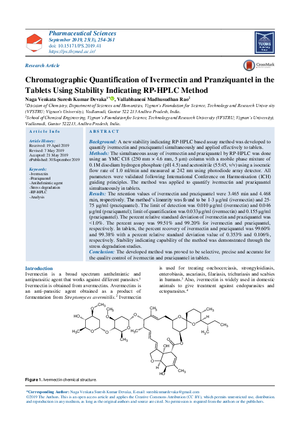 Pdf Chromatographic Quantification Of Ivermectin And Pranziquantel In The Tablets Using