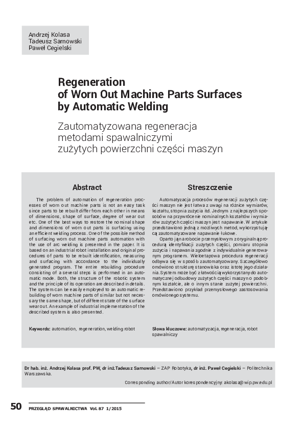 (PDF) Regeneration of Worn Out Machine Parts Surfaces by Automatic Welding