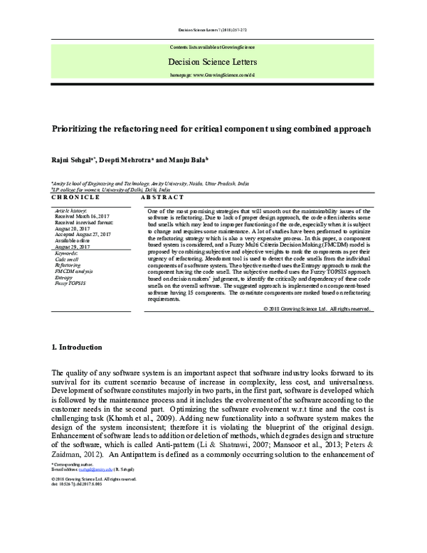 Pdf Prioritizing The Refactoring Need For Critical Component Using
