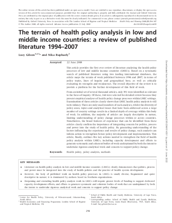 (PDF) The terrain of health policy analysis in low and middle income ...