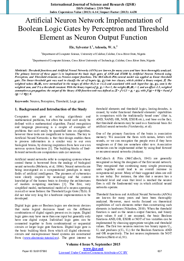 Pdf Artificial Neuron Network Implementation Of Boolean Logic Gates By Perceptron And
