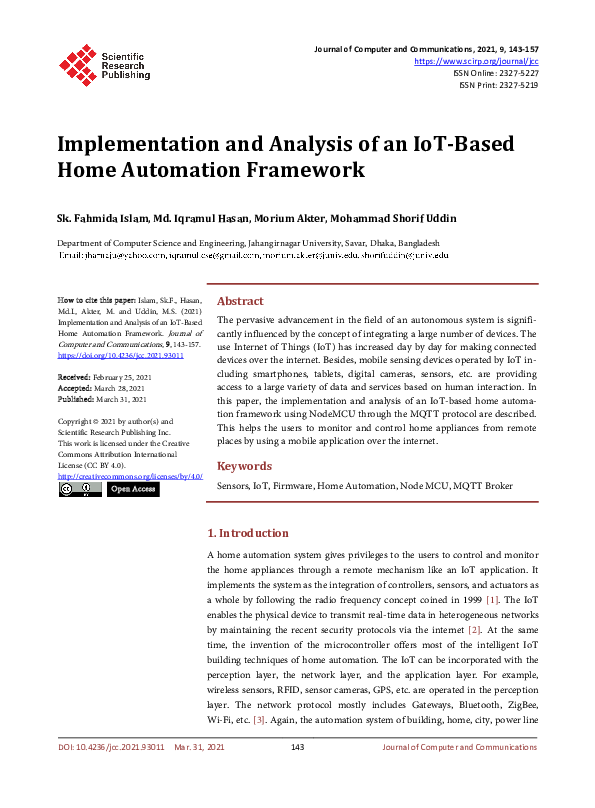 (PDF) Implementation and Analysis of an IoT-Based Home Automation Framework