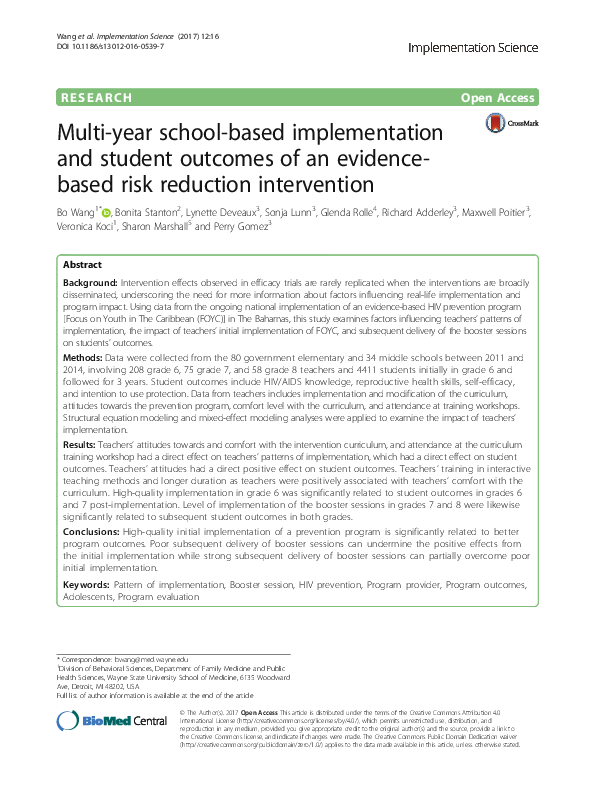 (PDF) Multi-year school-based implementation and student outcomes of an ...