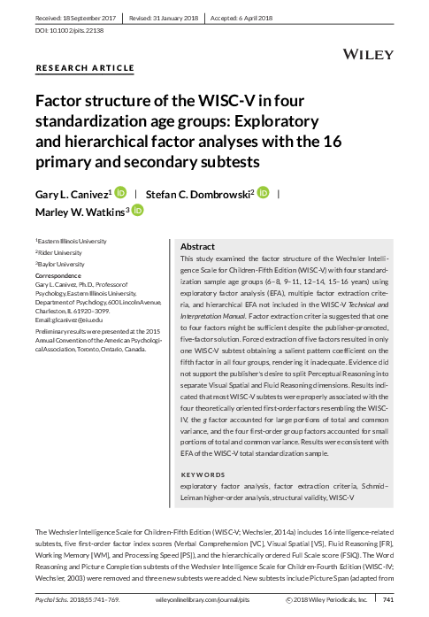 (PDF) Factor structure of the WISC-V in four standardization age groups ...
