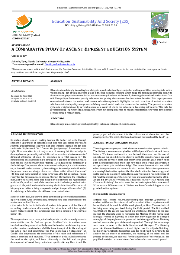 (PDF) A Comparative Study of Ancient Present Education System