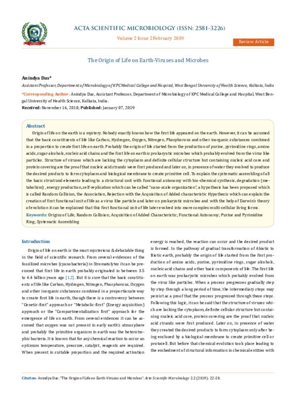 (PDF) The Origin of Life on Earth-Viruses and Microbes