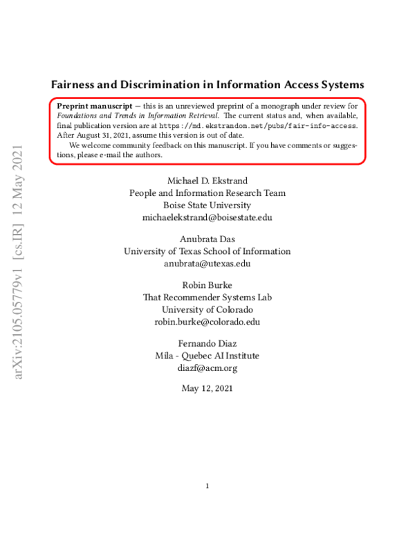 (PDF) Fairness and Discrimination in Information Access Systems