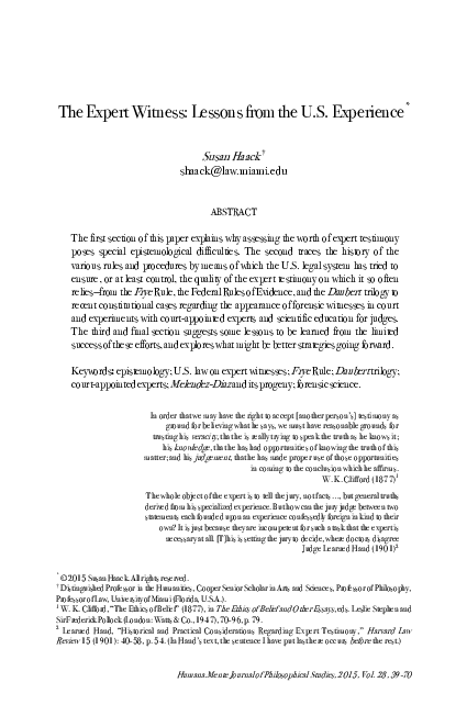 (PDF) The Expert Witness: Lessons from the U.S. Experience