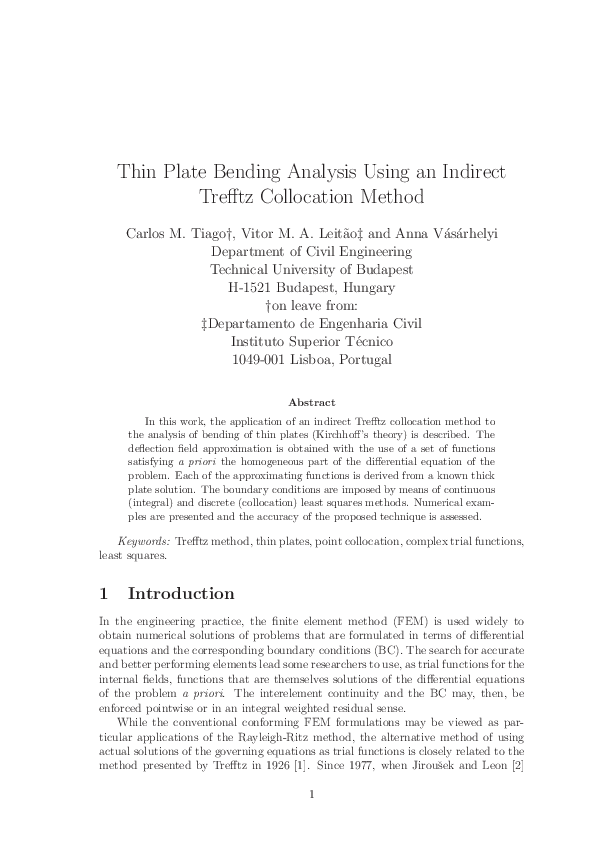 Pdf Thin Plate Bending Analysis Using An Indirect Trefftz Collocation Method