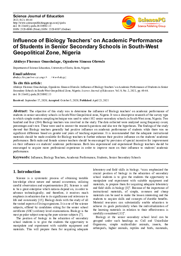 (PDF) Influence of Biology Teachers’ on Academic Performance of Students in Senior Secondary ...