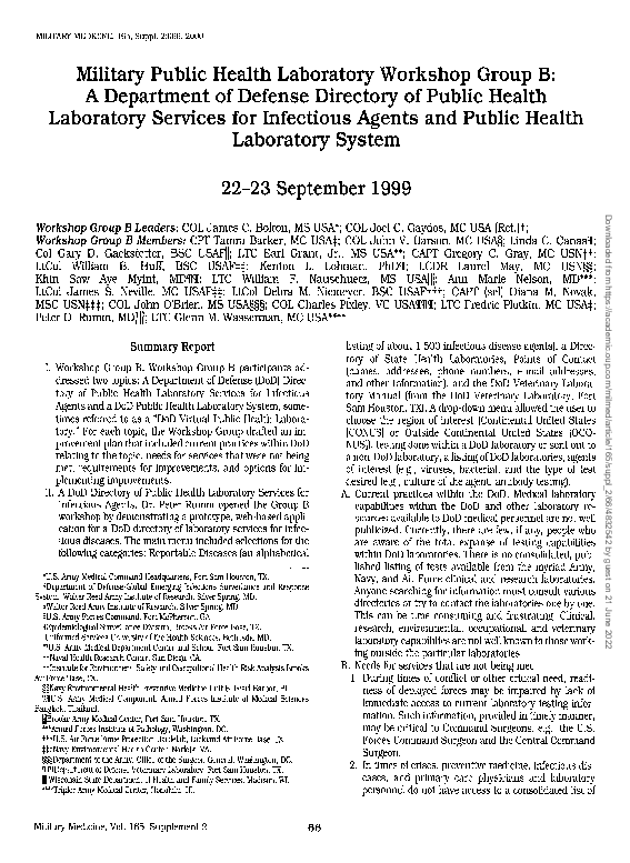 (PDF) Military Public Health Laboratory Workshop Group B: A Department ...
