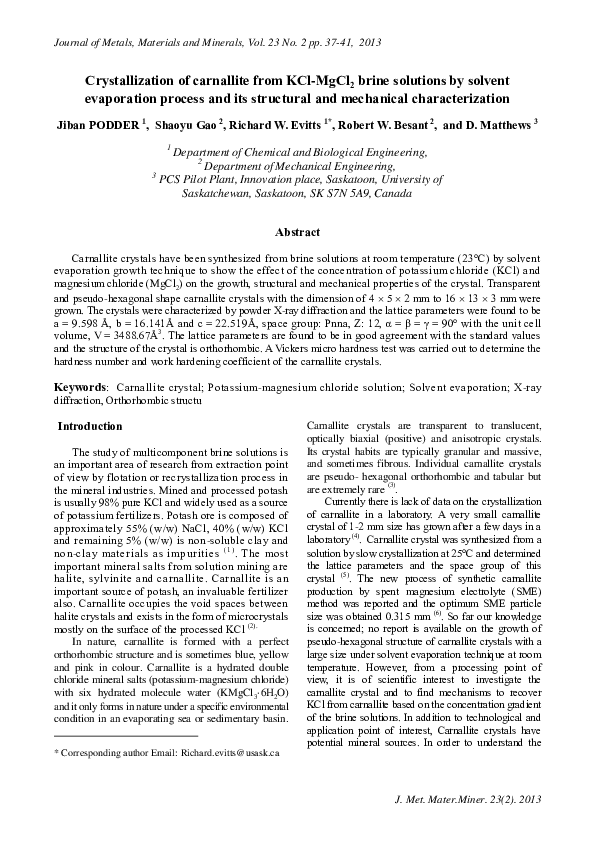 (PDF) Crystallization of carnallite from KCl-MgCl 2 brine solutions by ...