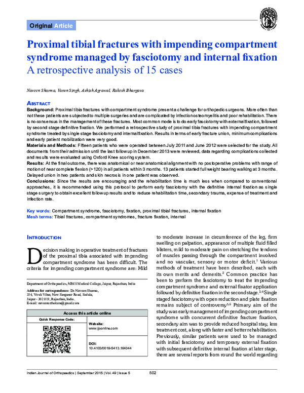 (PDF) Proximal tibial fractures with impending compartment syndrome ...