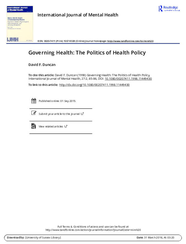 (PDF) Governing Health: The Politics of Health Policy
