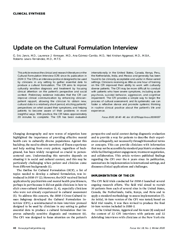 (PDF) Update on the Cultural Formulation Interview