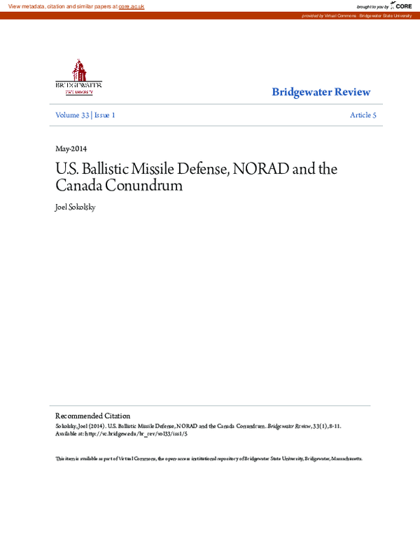 (PDF) U.S. Ballistic Missile Defense, NORAD and the Canada Conundrum