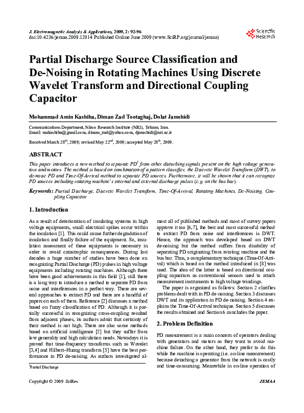 Pdf Partial Discharge Source Classification And De Noising In Rotating Machines Using Discrete