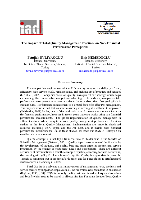 (PDF) The Impact of Total Quality Management Practices on Non-Financial Performance Perceptions