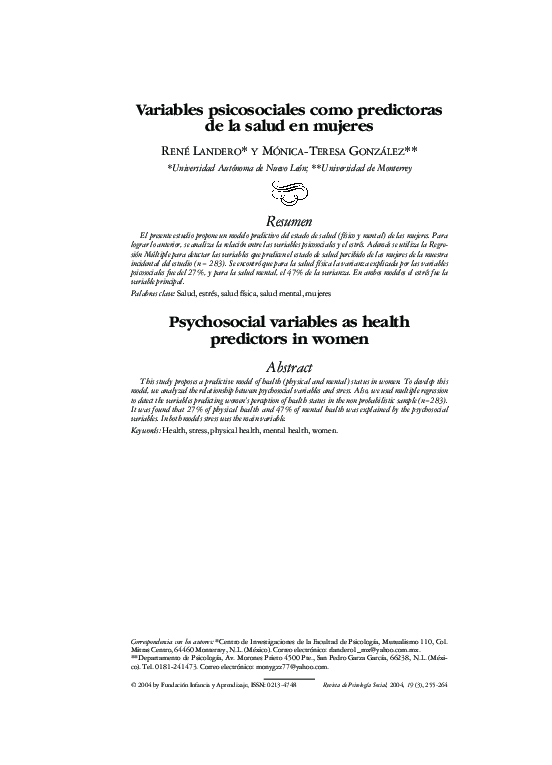 (PDF) Variables psicosociales como predictoras de la salud en mujeres