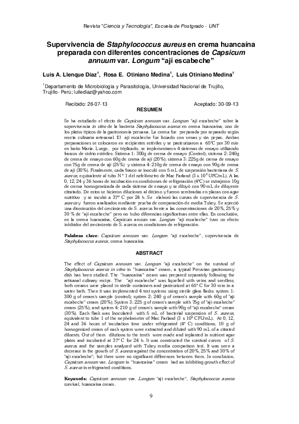 (PDF) Supervivencia de Staphylococcus aureus en crema huancaína ...