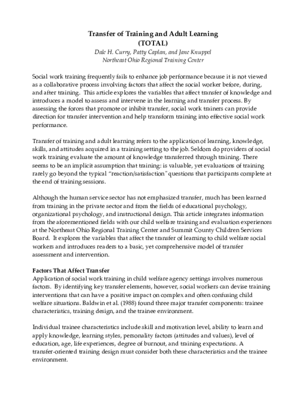 (PDF) Transfer of training and adult learning (TOTAL)