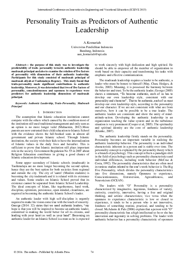 (PDF) Personality Traits as Predictors of Authentic Leadership