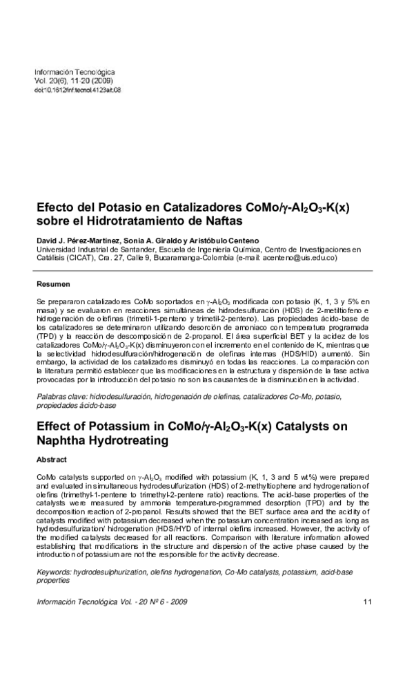 (PDF) Efecto del Potasio en Catalizadores CoMo/g-Al2O3-K(x) sobre el Hidrotratamiento de Naftas
