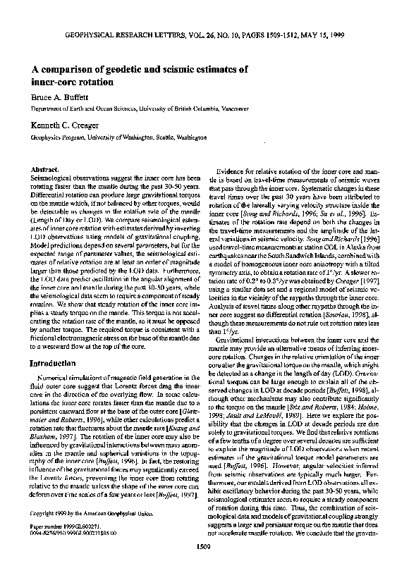 (PDF) A comparison of geodetic and seismic estimates of inner-core rotation